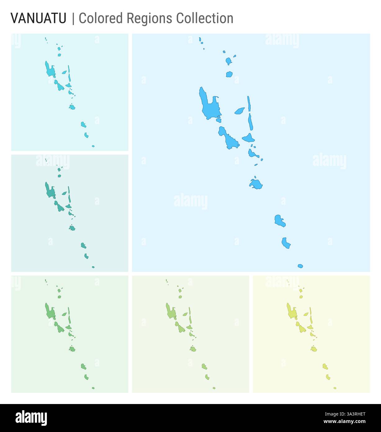 Vanuatu map collection. Country shape with colored regions. Light Blue ...