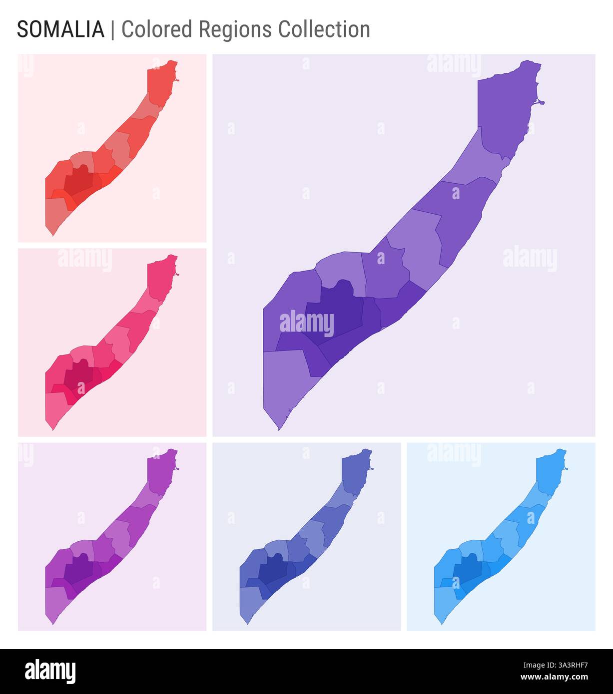 Somalia map collection. Country shape with colored regions. Deep Purple, Red, Pink, Purple ...