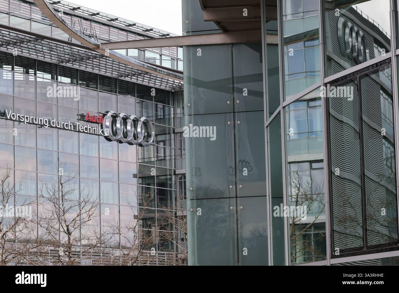 17 March 2025, Bavaria, Ingolstadt: The slogan "Audi - Vorsprung durch ...