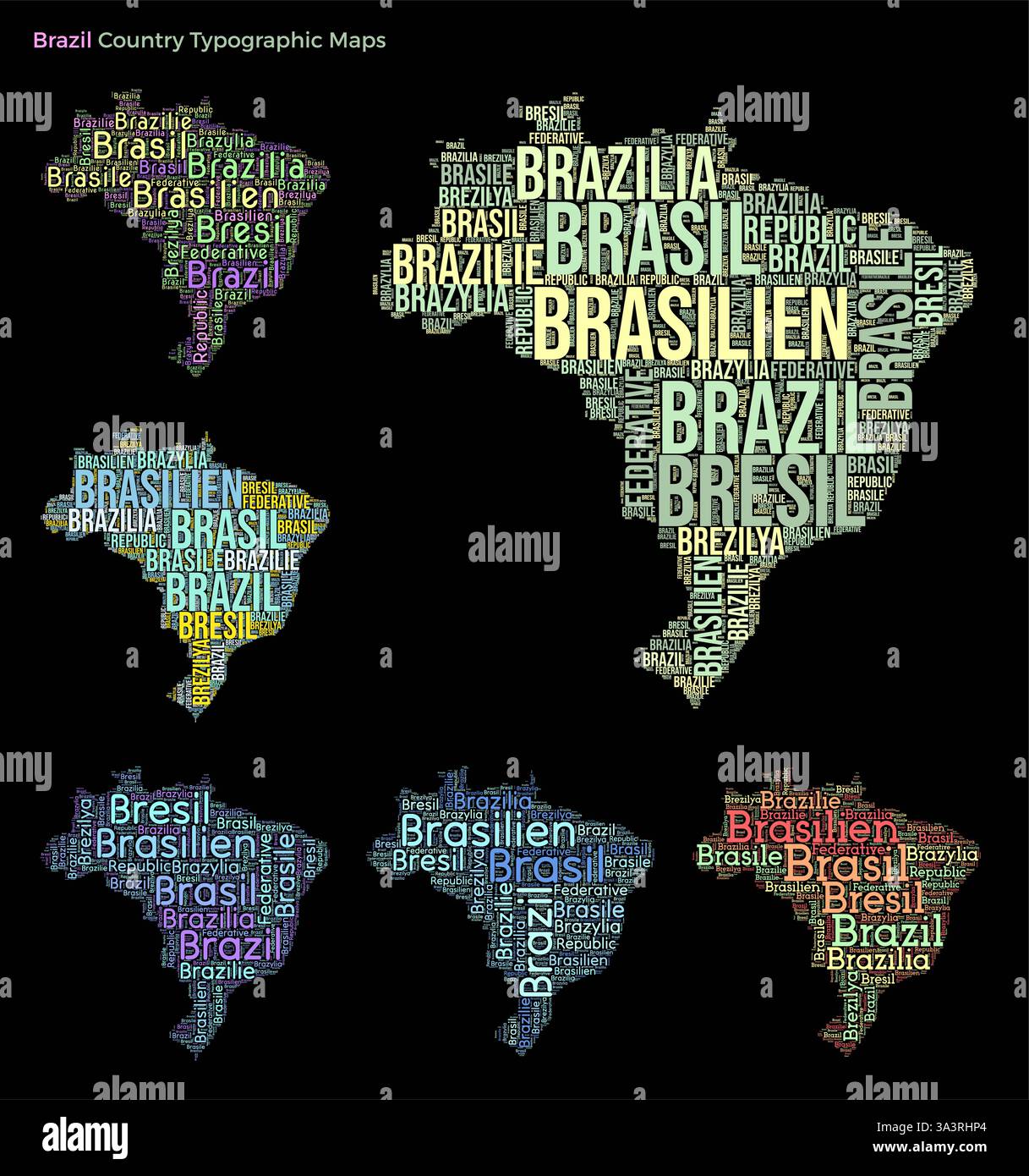 Brazil. Set of typography style country illustrations. Brazil map shape ...