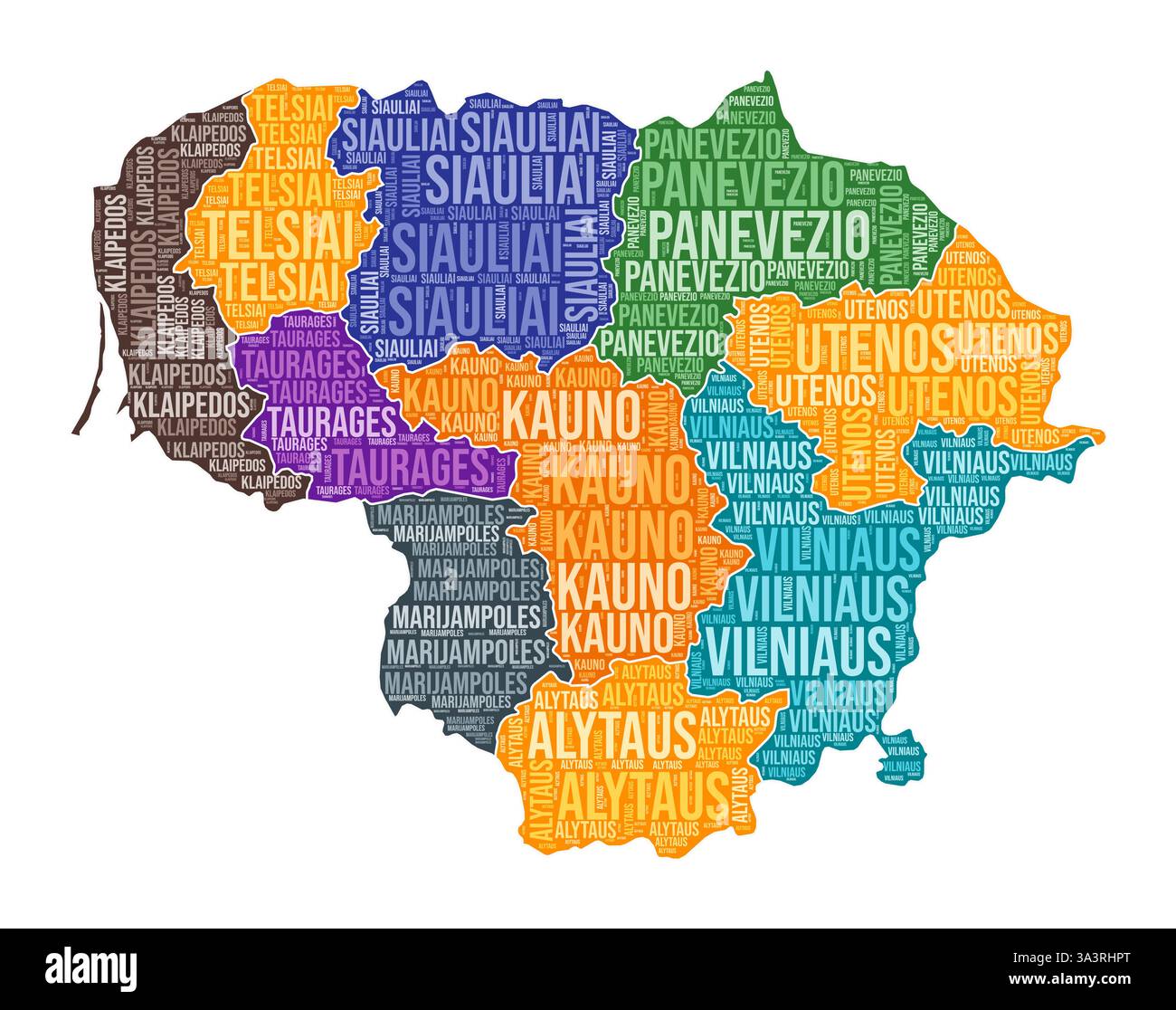 Lithuania shape. Country word cloud with region division. Lithuania ...