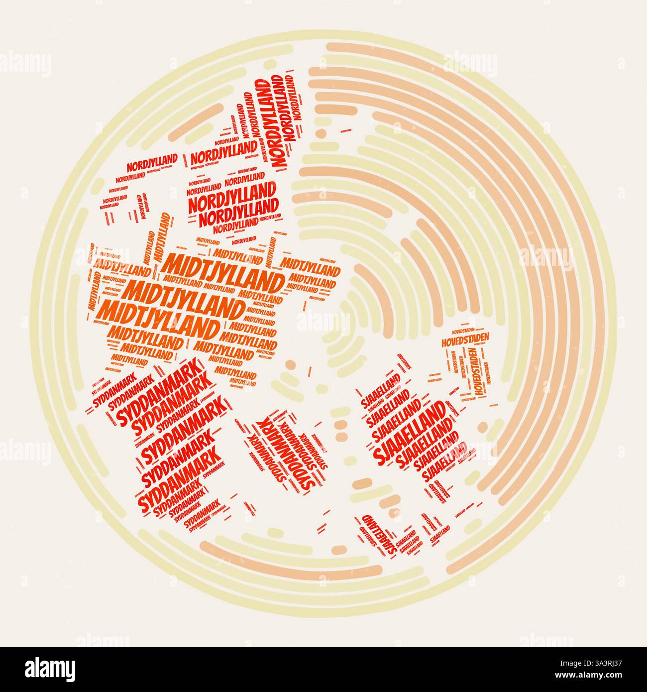 Denmark Round Poster. Typography style image of Country. Regions word ...
