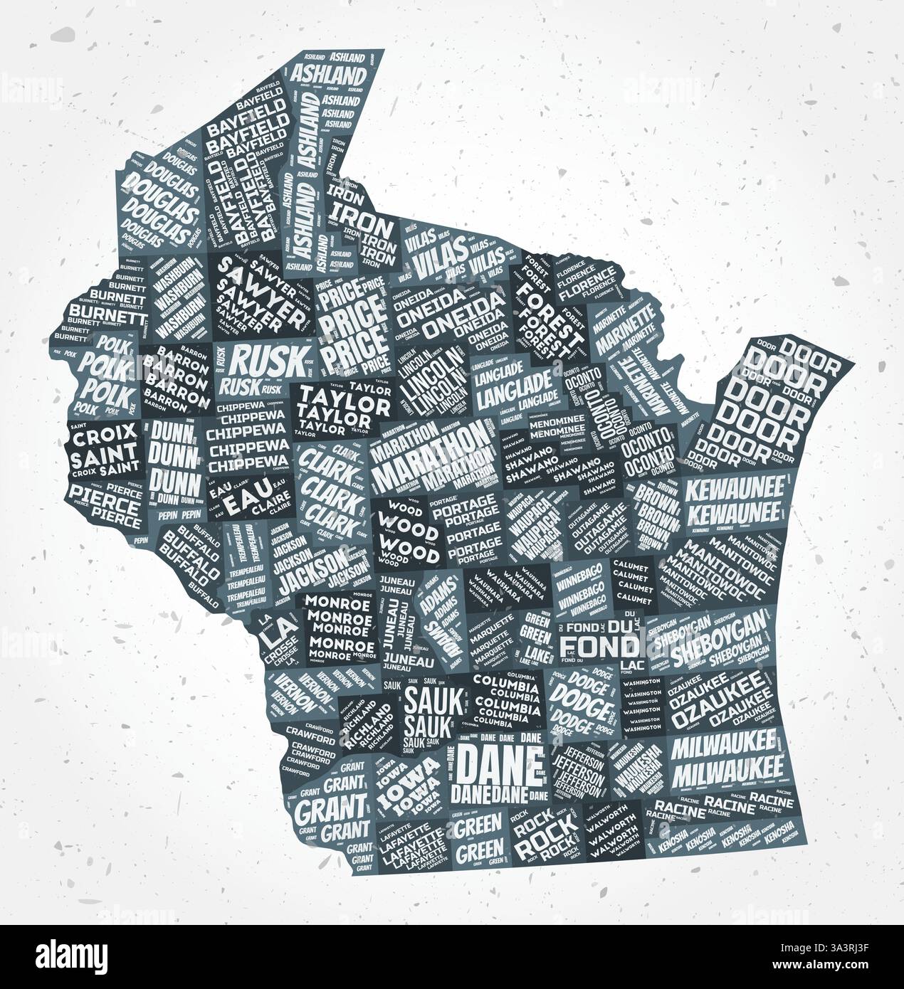Wisconsin counties word clouds. State shape on textured background ...