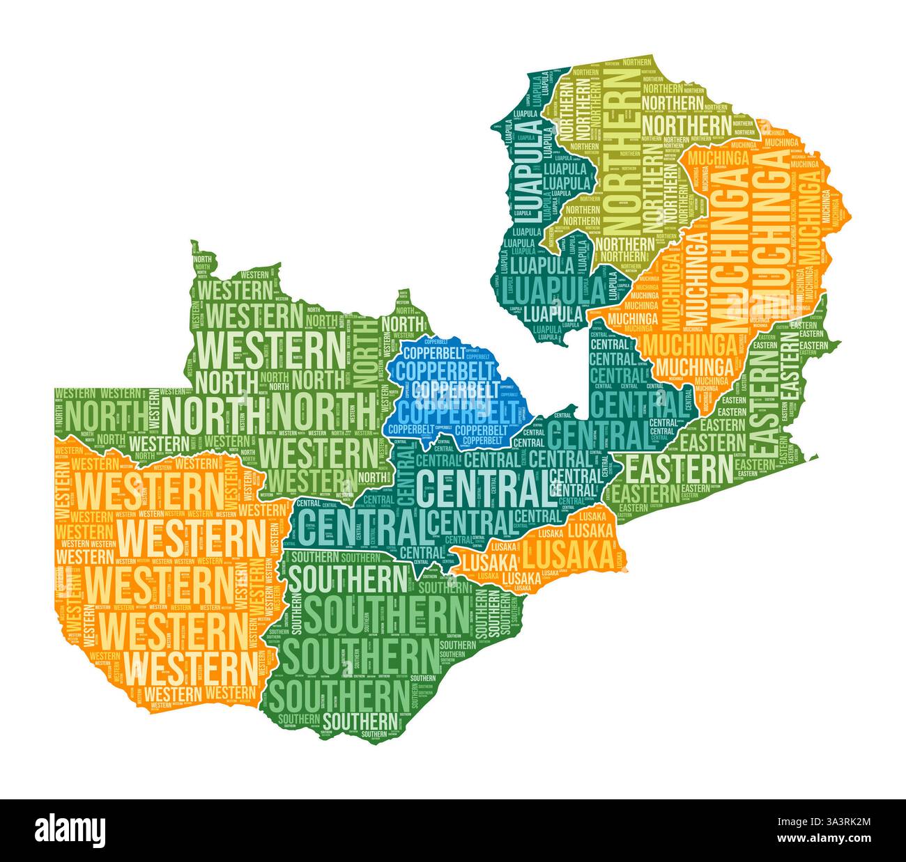 Zambia shape. Country word cloud with region division. Zambia colored ...
