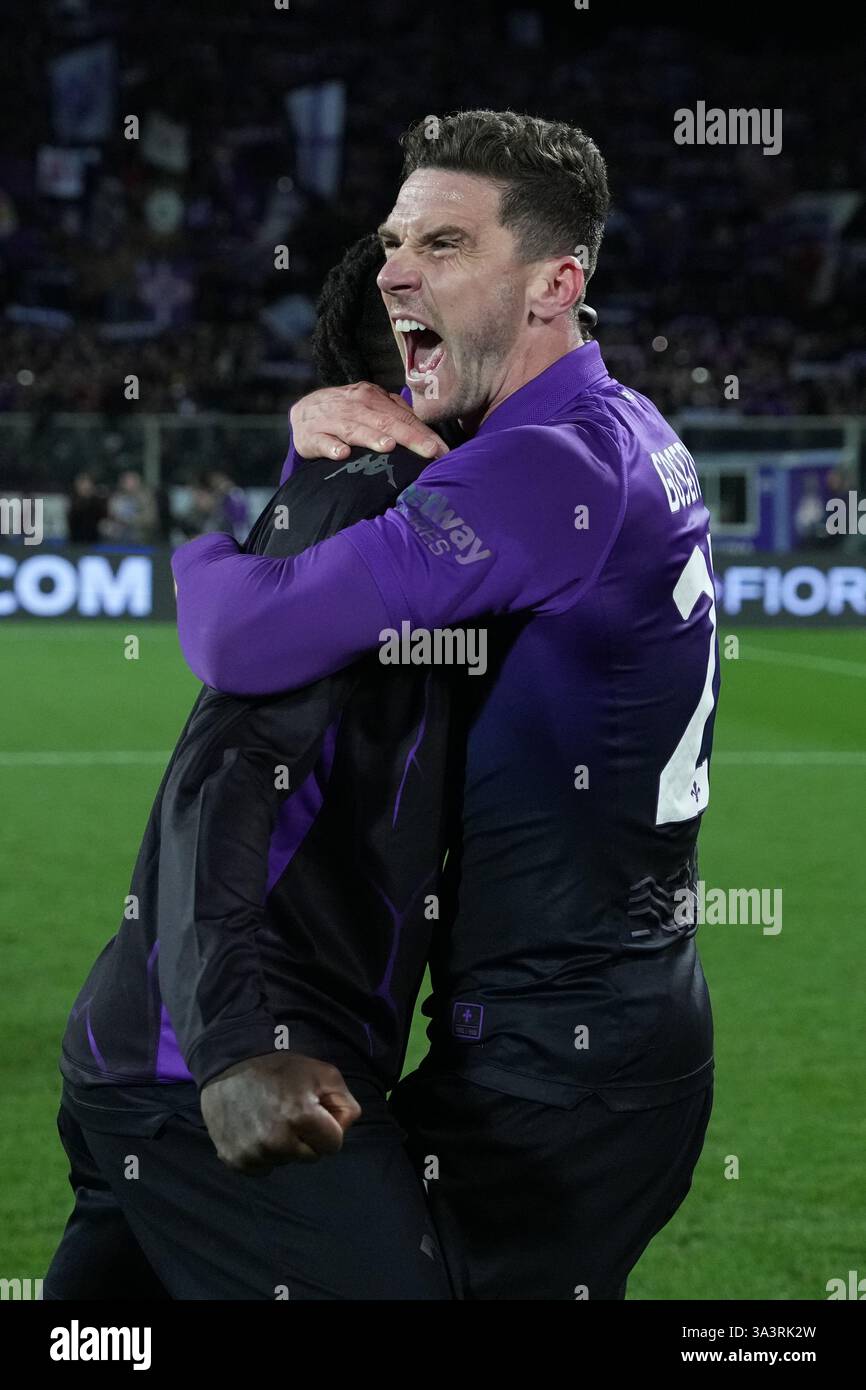 Roma, Italia. 16th Mar, 2025. Fiorentina's Moise Kean Fiorentina's Robin Gosens during the Serie ...