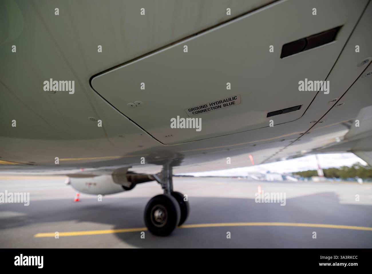 A close-up of an airplane's underbelly on a tarmac, showing the landing ...