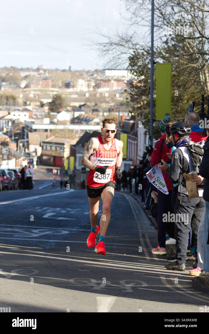 The Colchester half-marathon in 2025. Some of the elite runners reach the top of North Hill. The ...