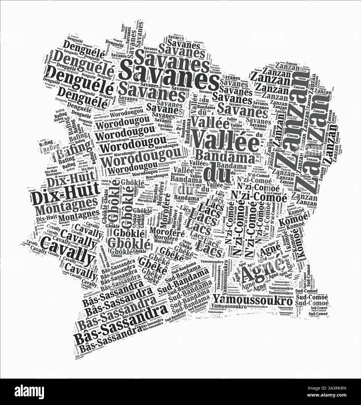 Cote d'Ivoire Text Style Regions. Country region names word clouds in ...