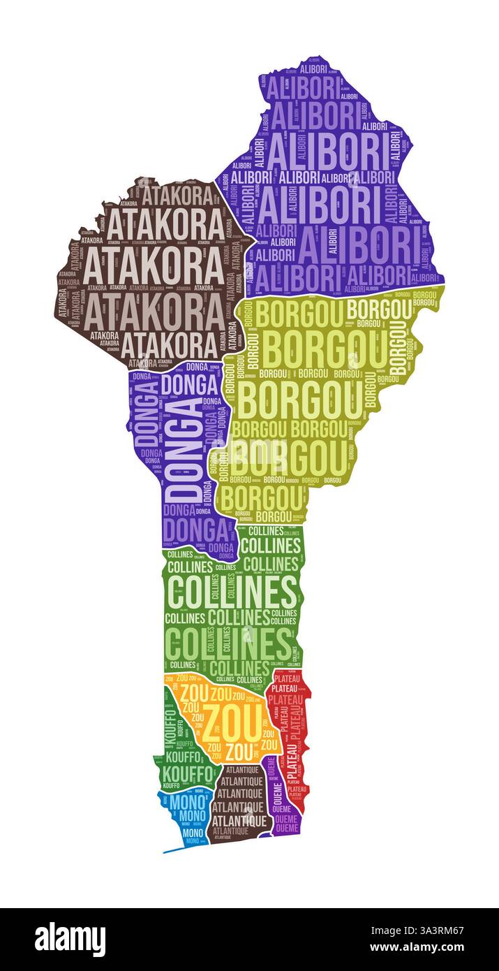Benin shape. Country word cloud with region division. Benin colored ...