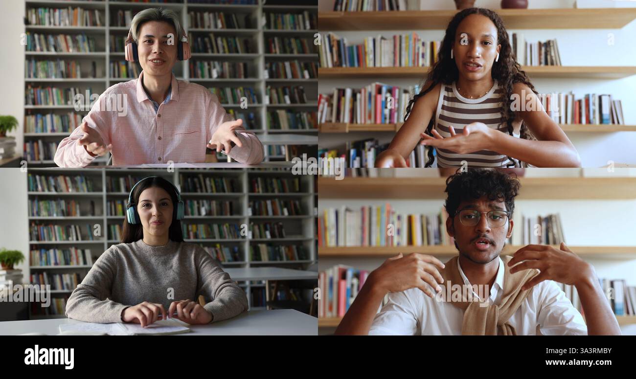 Split-screen collage four multiethnic students engaged in online class ...