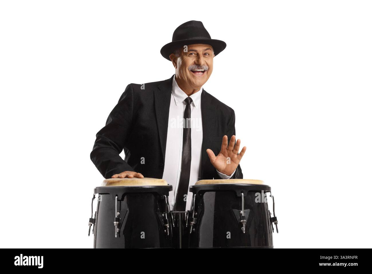 Cheerful man playing conga drums isolated on white background Stock ...