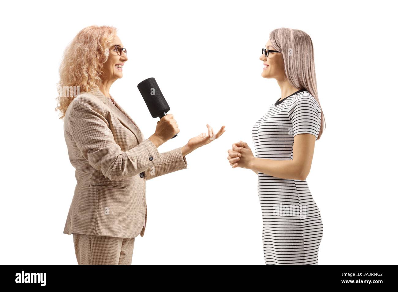Female reporter interviewing a woman isolated on white background Stock ...