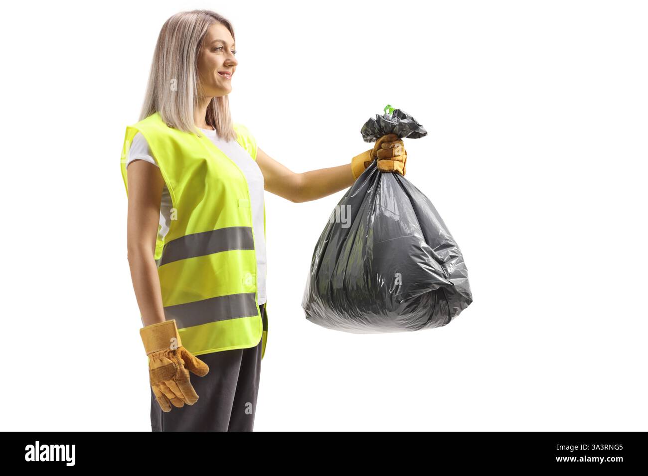 Female waste collector holding a bin bag isolated on white background ...