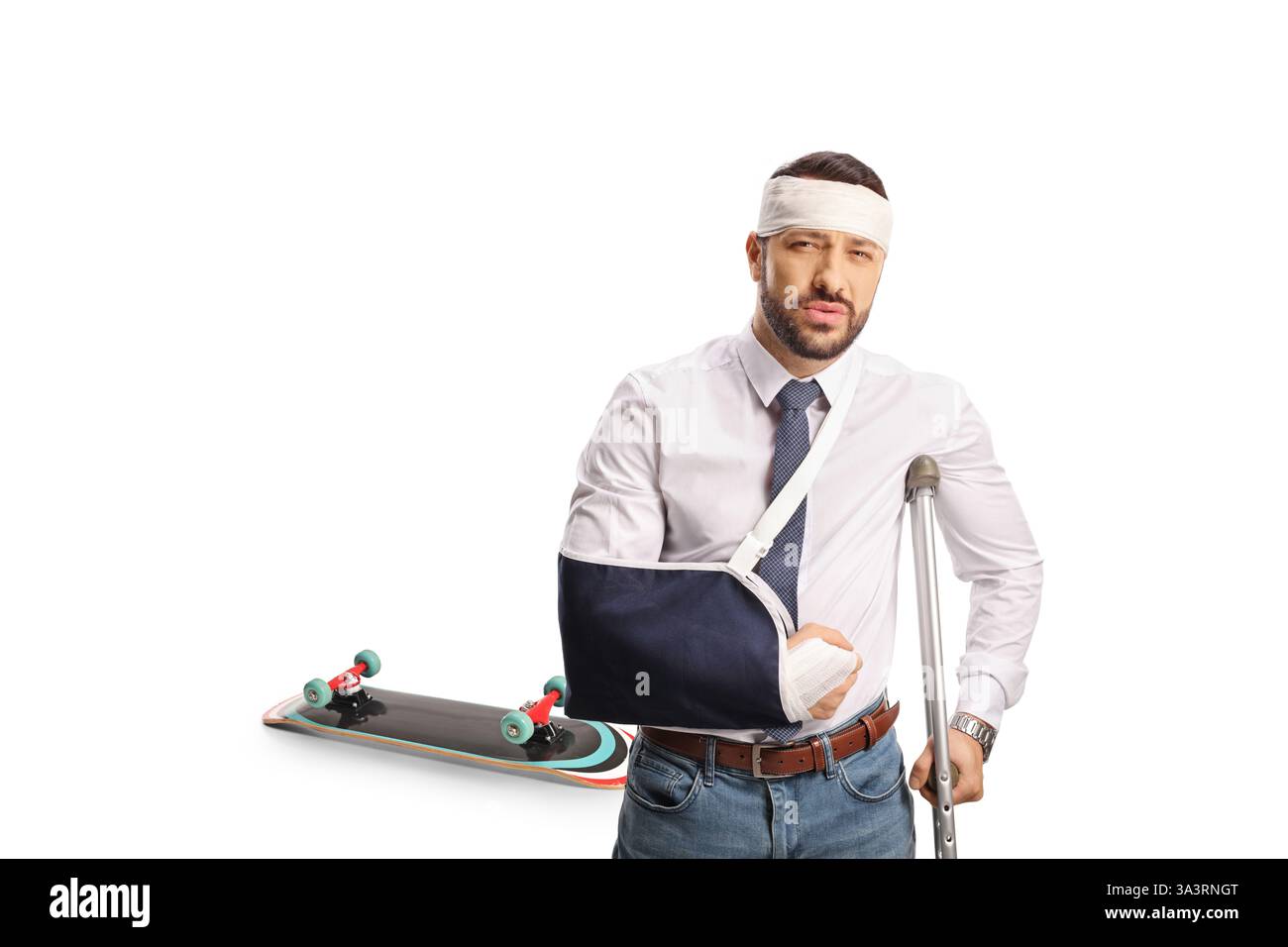 Man with injuries after a skateboard accident isolated on white ...