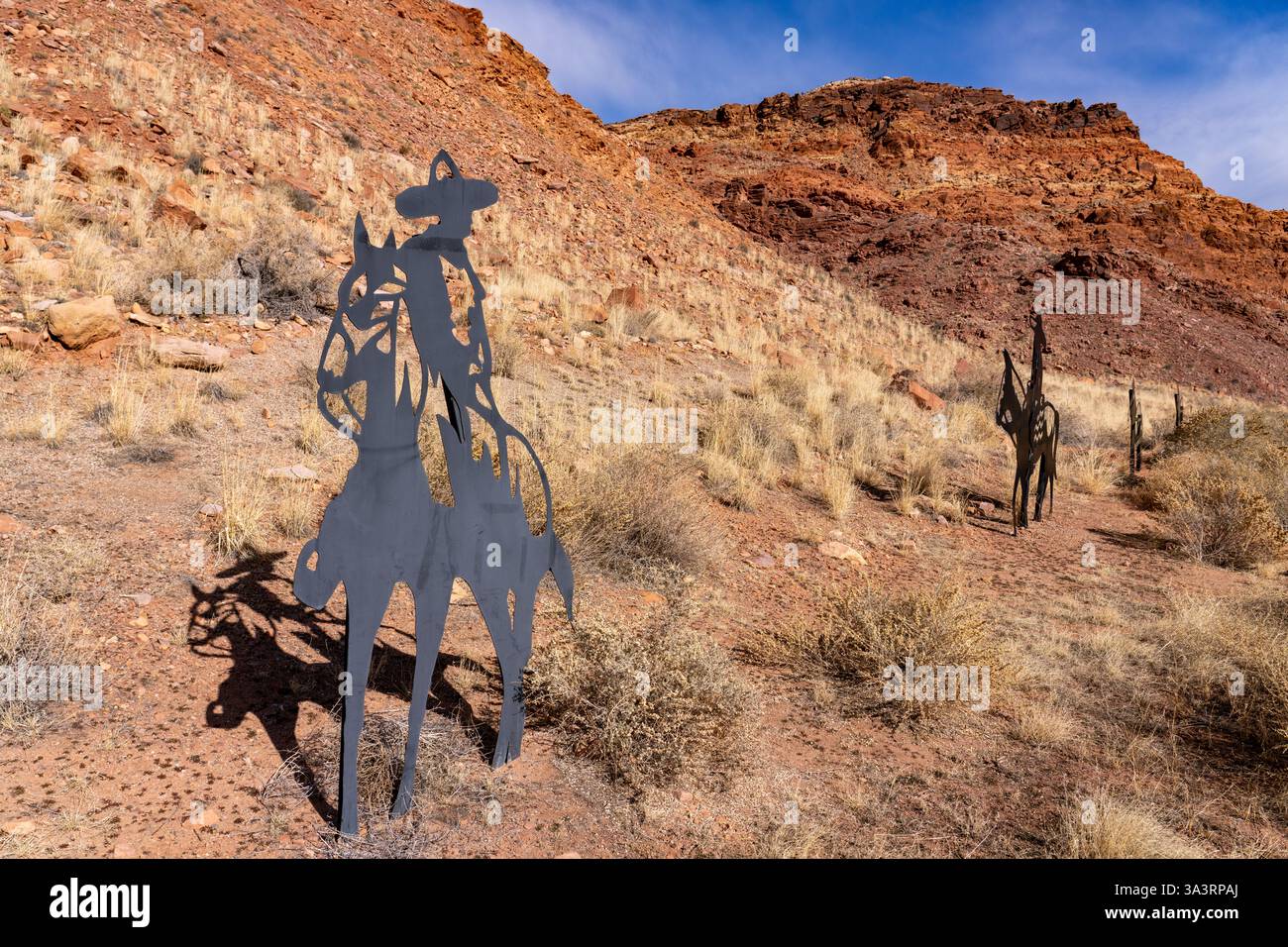 Metal sculpture of a Mexican rider on the Old Spanish Trail, near Moab ...