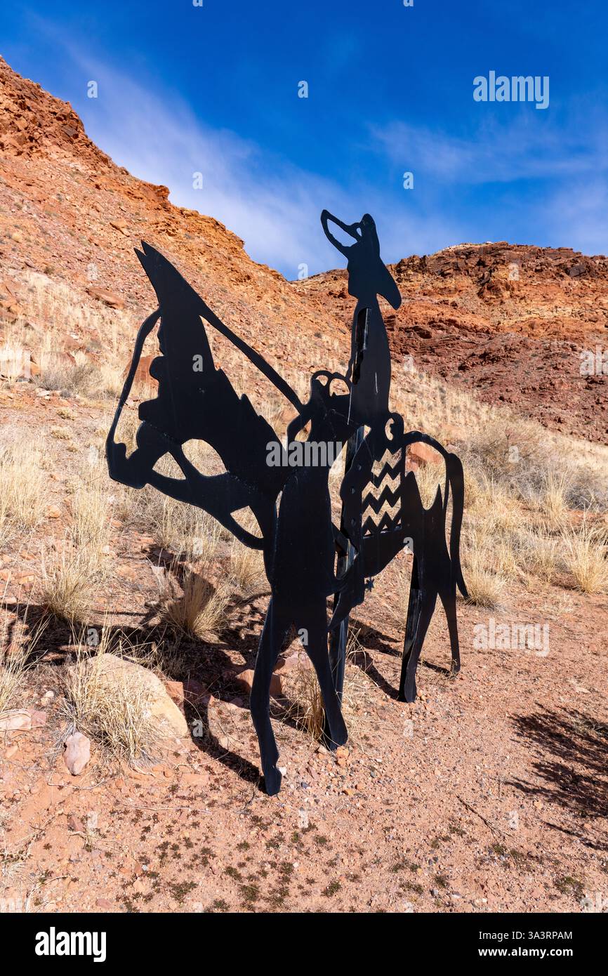 Metal sculpture of a Mexican rider on the Old Spanish Trail, near Moab ...