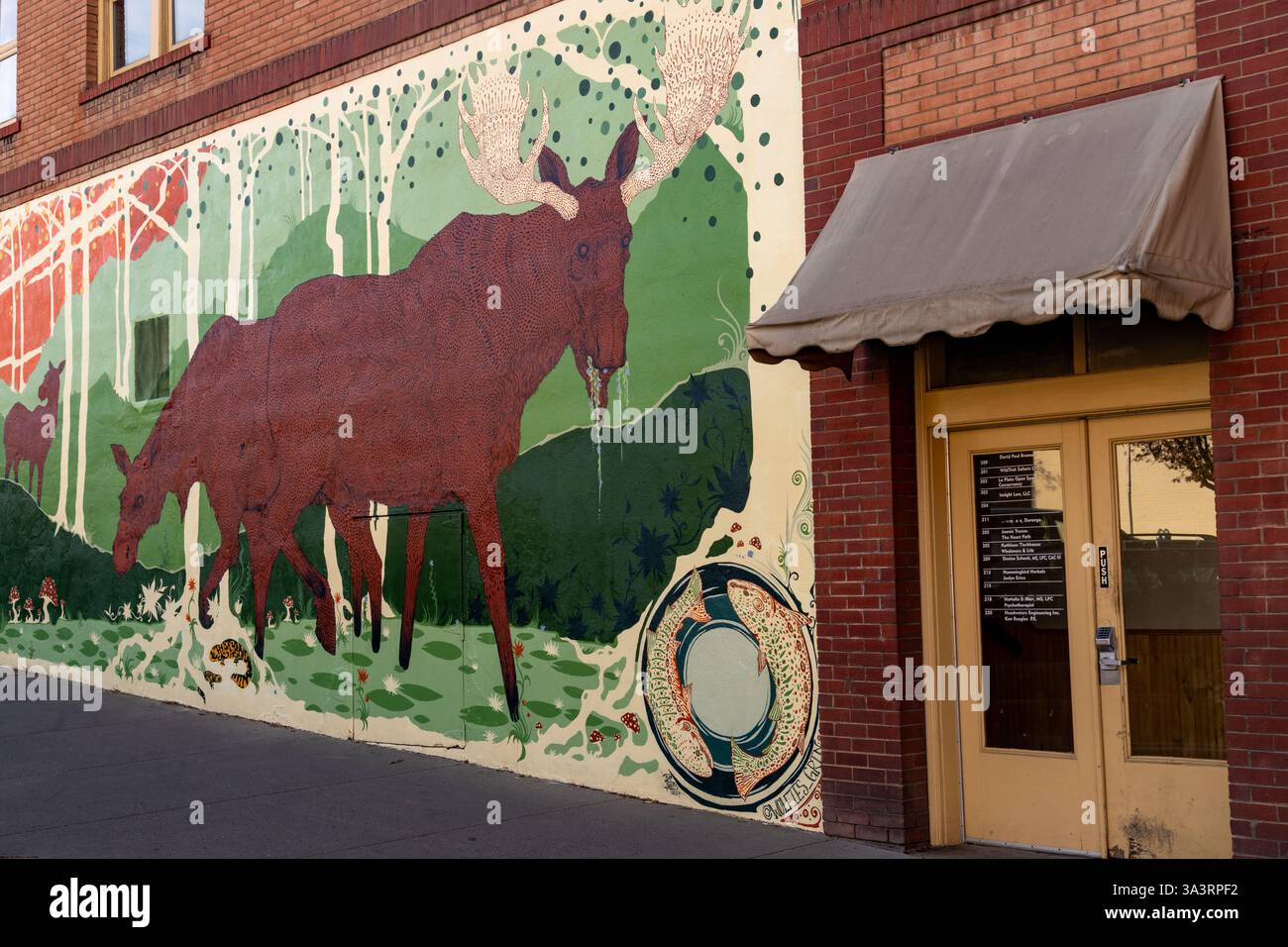 A mural of a moose on the side of a building in the historic center of ...