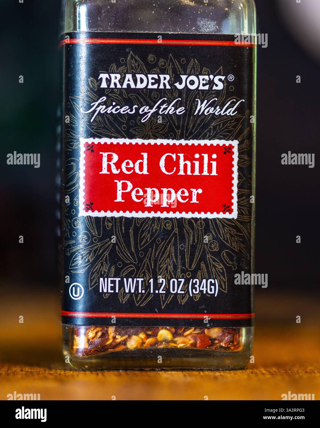 A bottle of Trader Joe's brand Red Chili Pepper flakes Stock Photo - Alamy