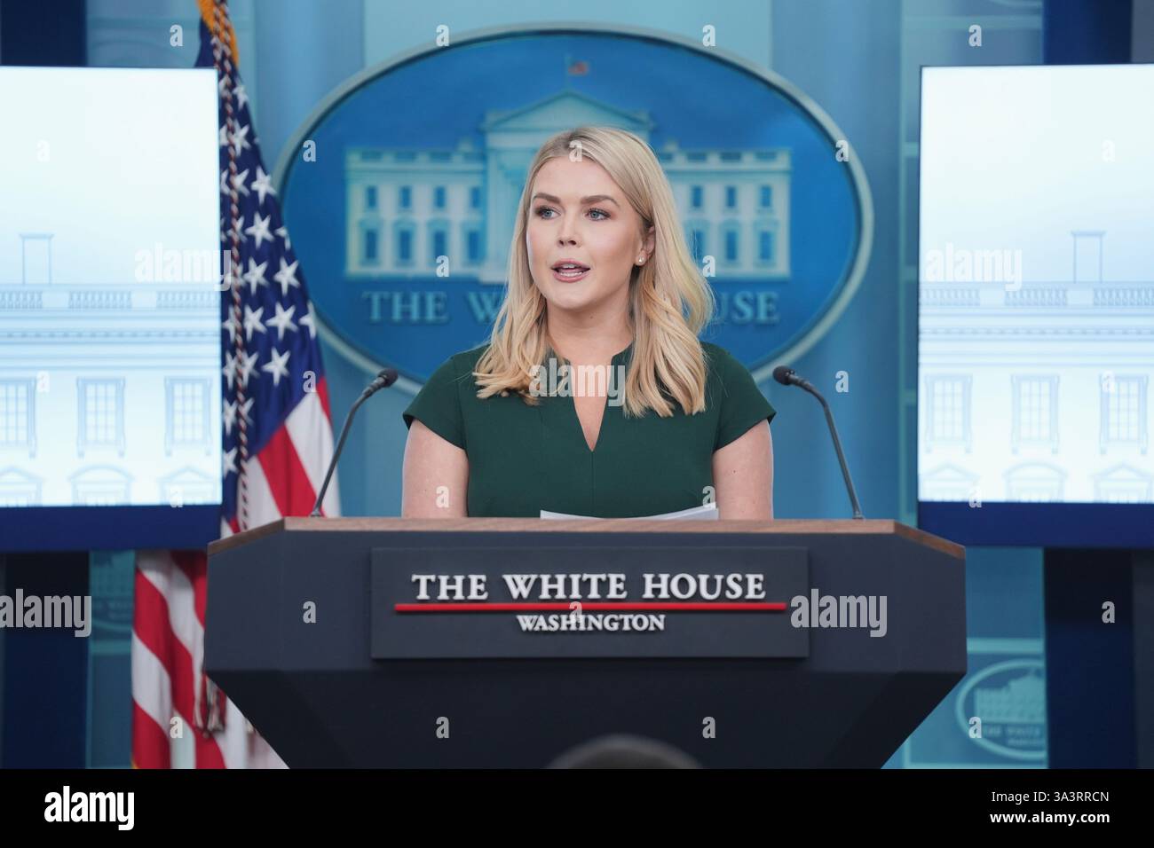 White House press secretary Karoline Leavitt speaks during a press briefing at the White House ...