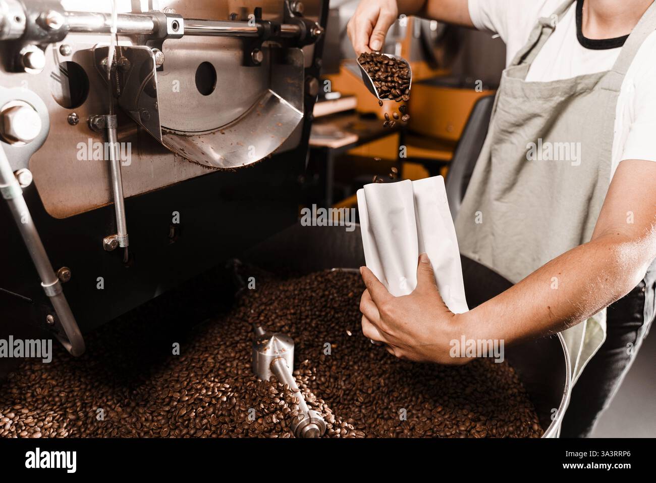 Packing roasted coffee beans into a craft bag. Pouring fried coffee ...