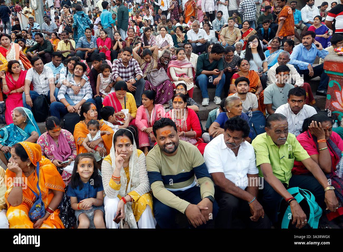 A crowd of pilgrims at Dashashwamedh Ghat in Varanasi, Uttar Pradesh ...