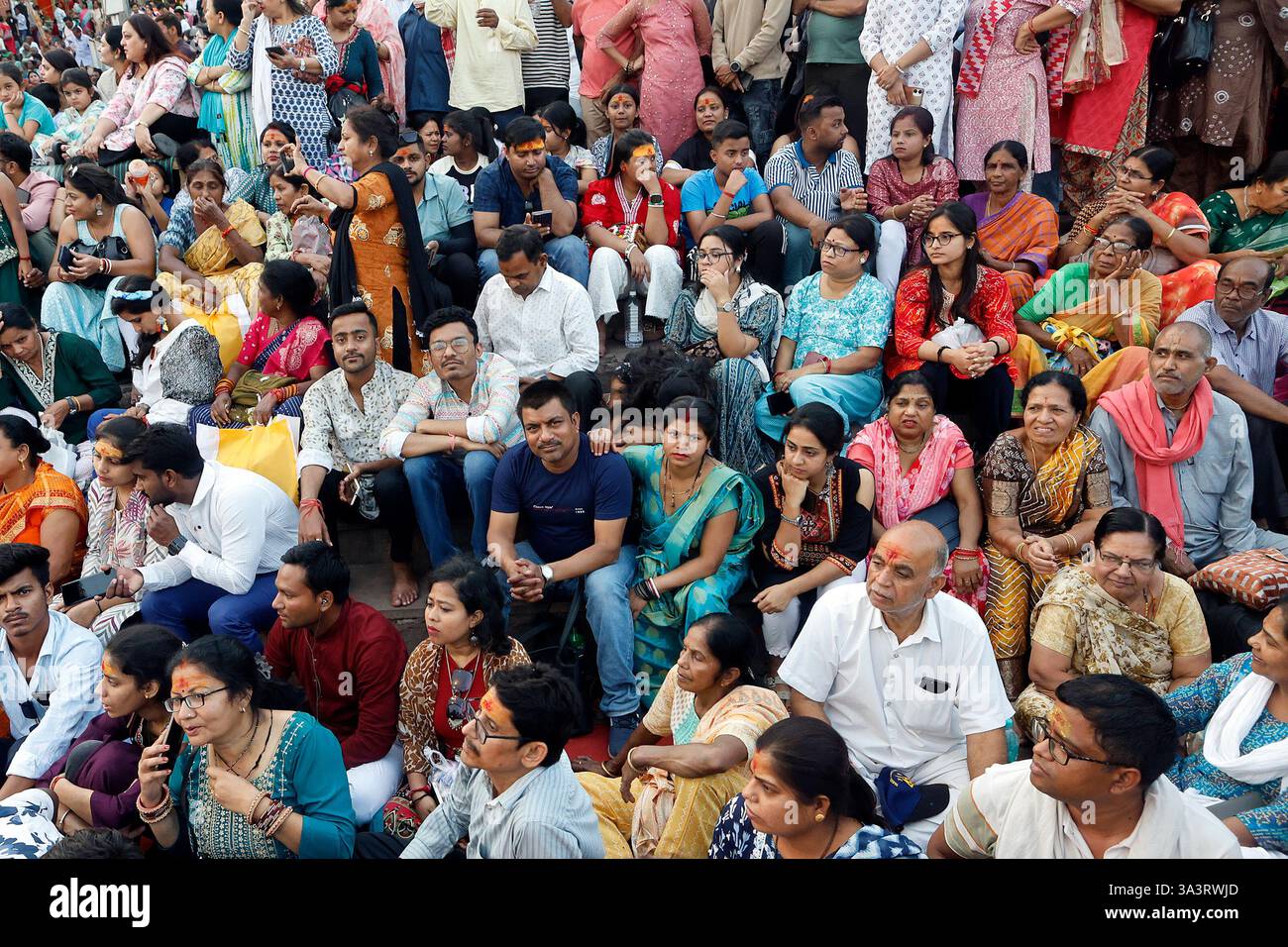 A crowd of pilgrims at Dashashwamedh Ghat in Varanasi, Uttar Pradesh ...