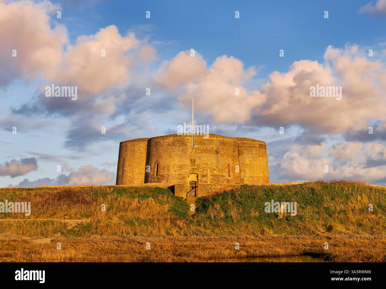 View of the Martello tower from the marshes at Aldeburgh, Suffolk. UK ...