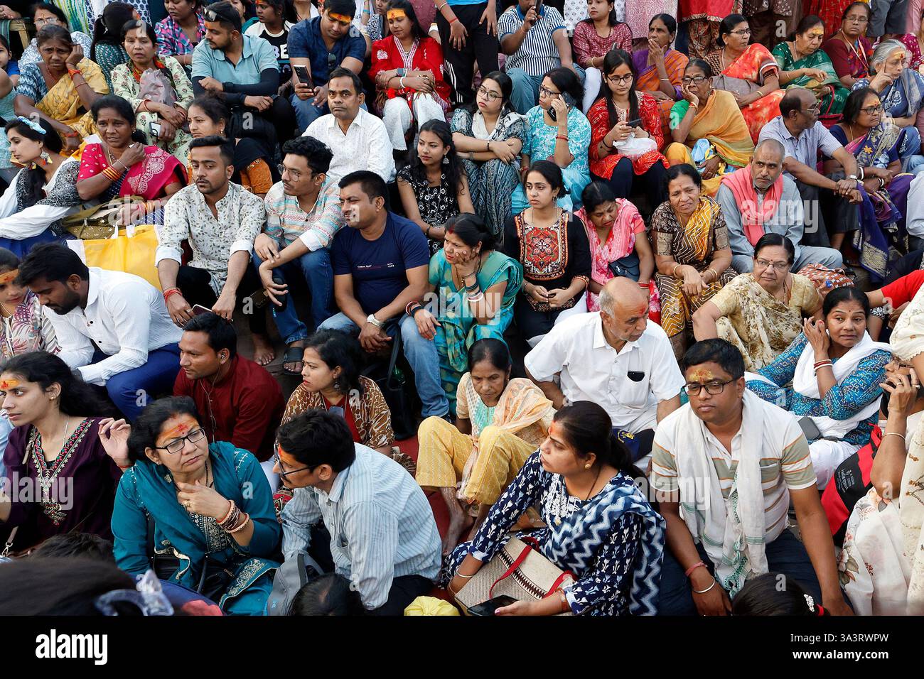 A crowd of pilgrims at Dashashwamedh Ghat in Varanasi, Uttar Pradesh ...