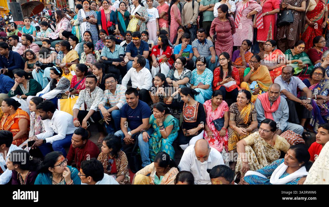 A crowd of pilgrims at Dashashwamedh Ghat in Varanasi, Uttar Pradesh ...