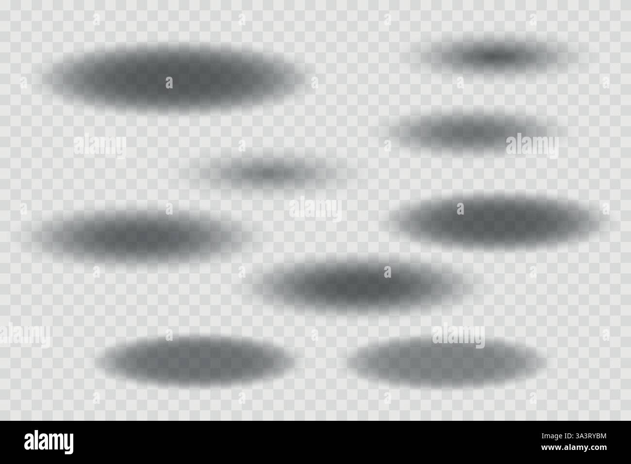 Different realistic round shadow, soft shapes on transparent background. Gray circular and ...