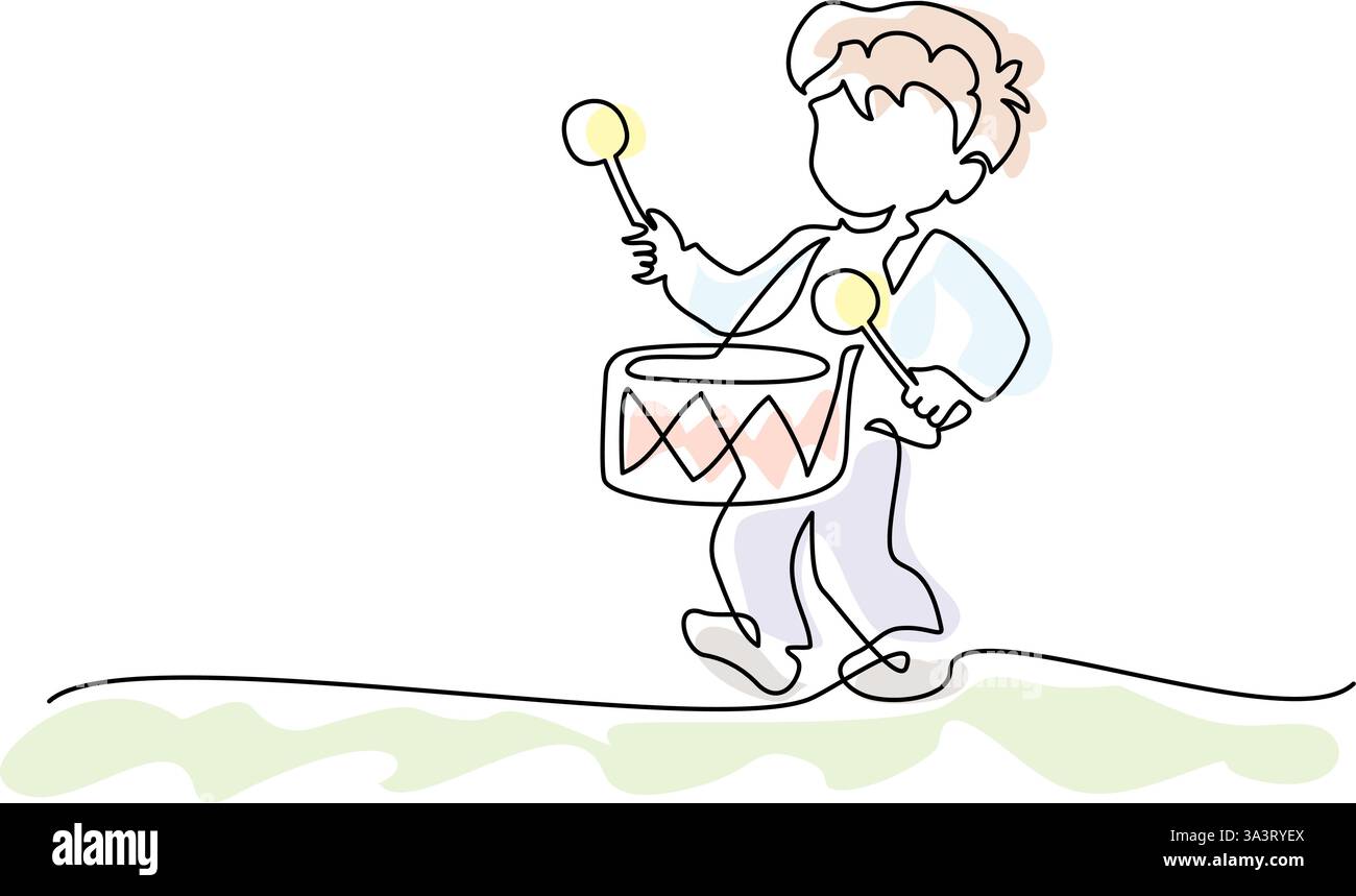 Schoolboy playing drums. Continuous one line drawing design style ...