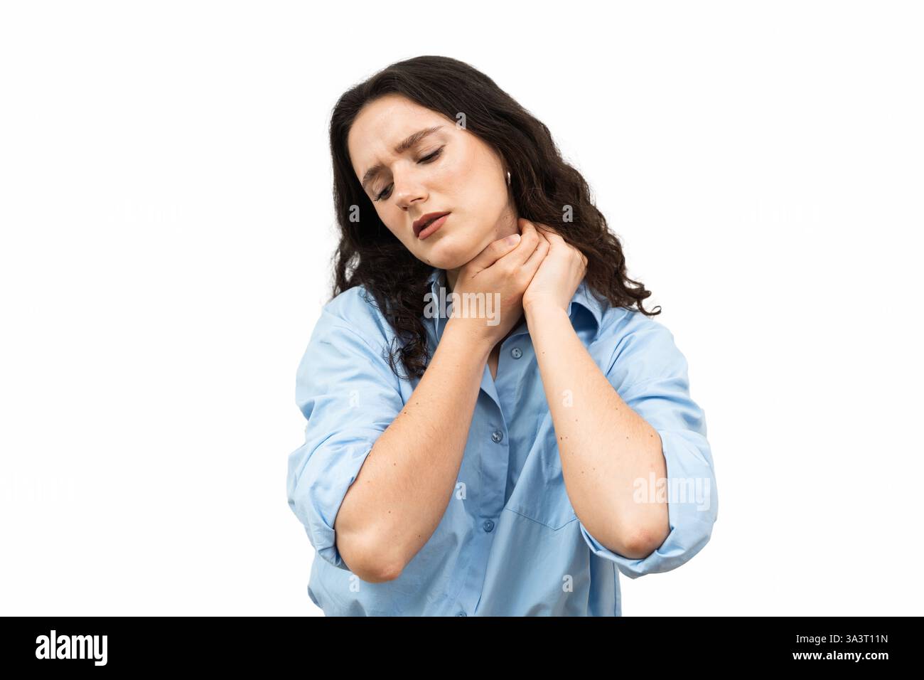 Laryngitis first symptoms throat ache. Sick attractive girl touches ...