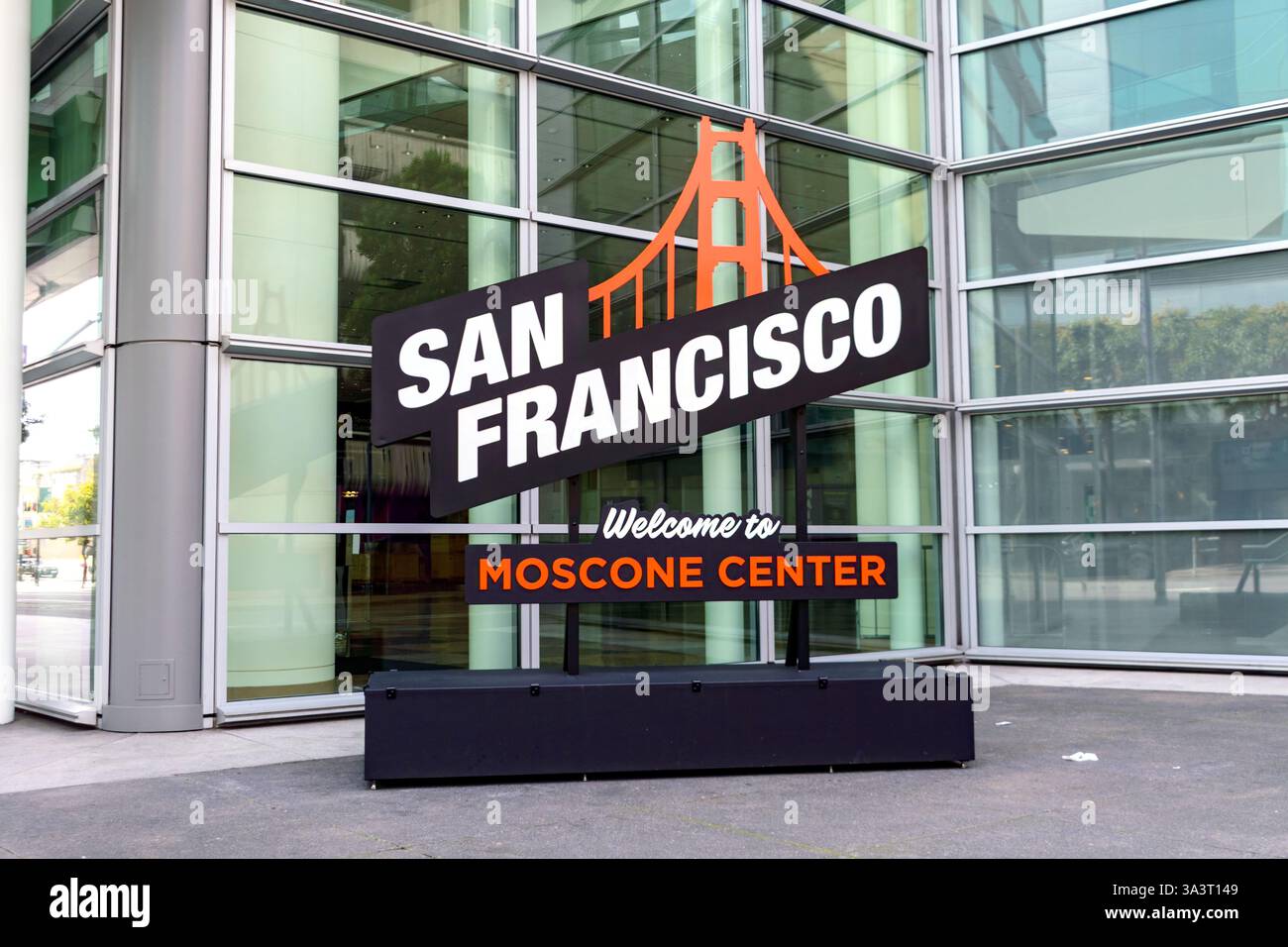 Welcome to Moscone Center signs with Golden Gate Bridge icon at the ...
