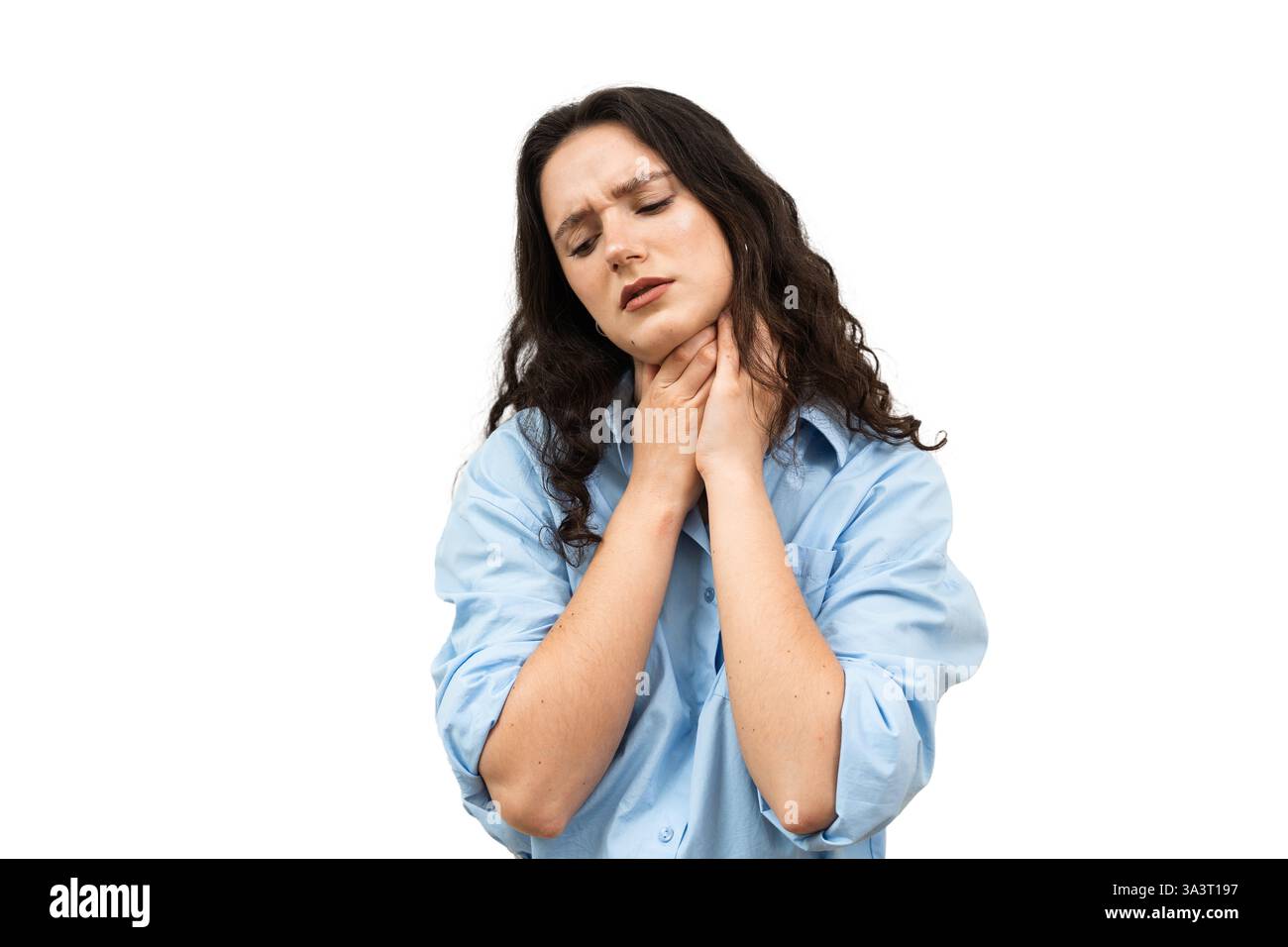 Pharyngitis first symptoms throat ache. Sick attractive girl touches ...