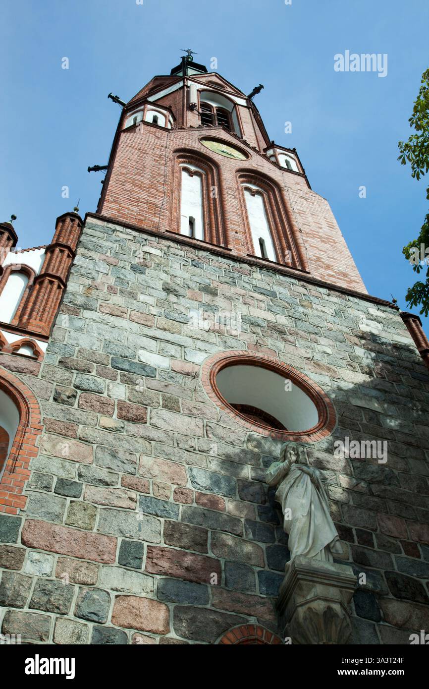 The view of a tall tower of Garrison Church of St. George in Sopot ...
