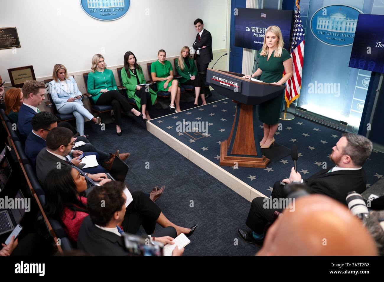 WASHINGTON — March 17 2025: White House Press Secretary Karoline Leavitt speaks to reporters ...