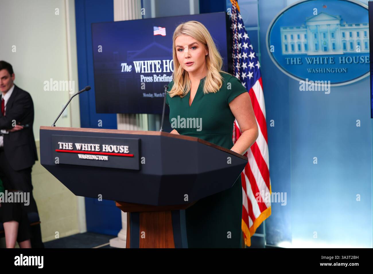 WASHINGTON — March 17 2025: White House Press Secretary Karoline Leavitt speaks to reporters ...