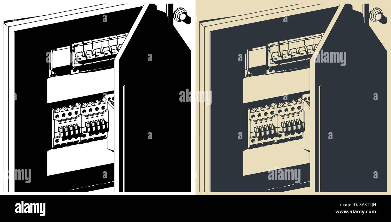 Stylized vector illustrations of a electrical panel board close-up ...