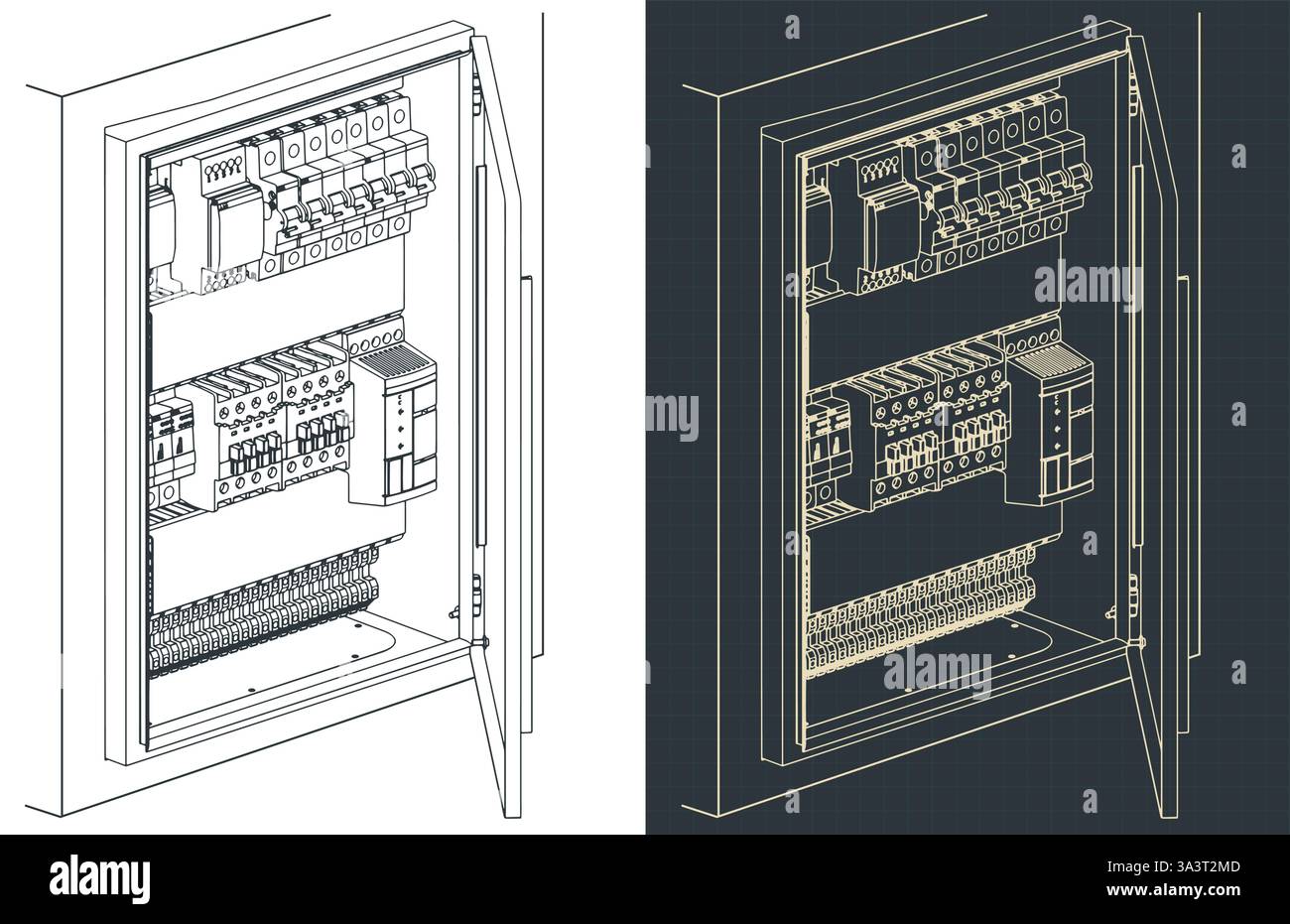 Stylized vector illustrations of a electrical panel board drawings ...