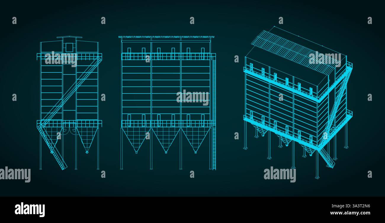 Stylized vector illustration of dust extraction system blueprints Stock ...