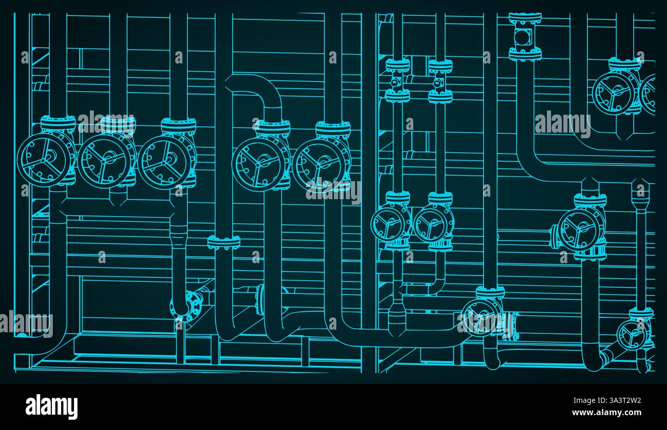 Stylized vector illustration of industrial valves and pipes Stock ...