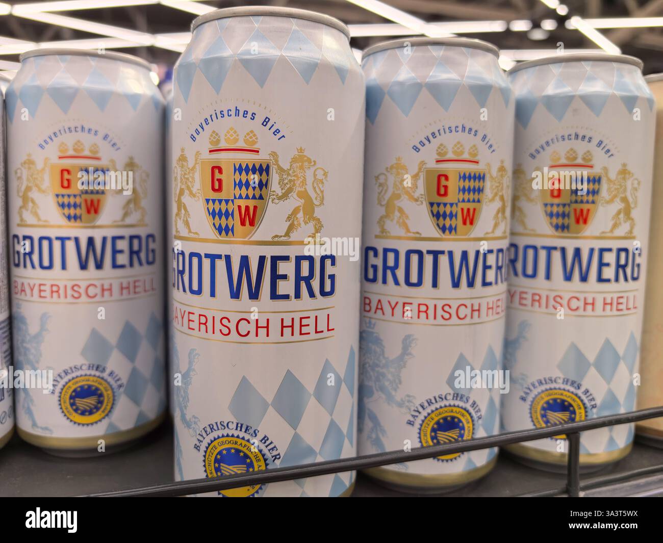 Bobruisk, Belarus - March 2, 2025: A display of Bavarian beer cans ...