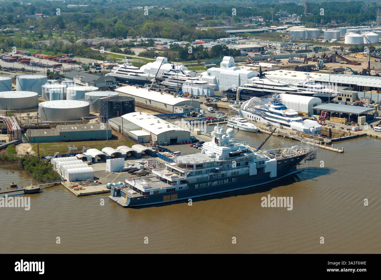 Production shipyard with deep sea luxury yachts under construction ...