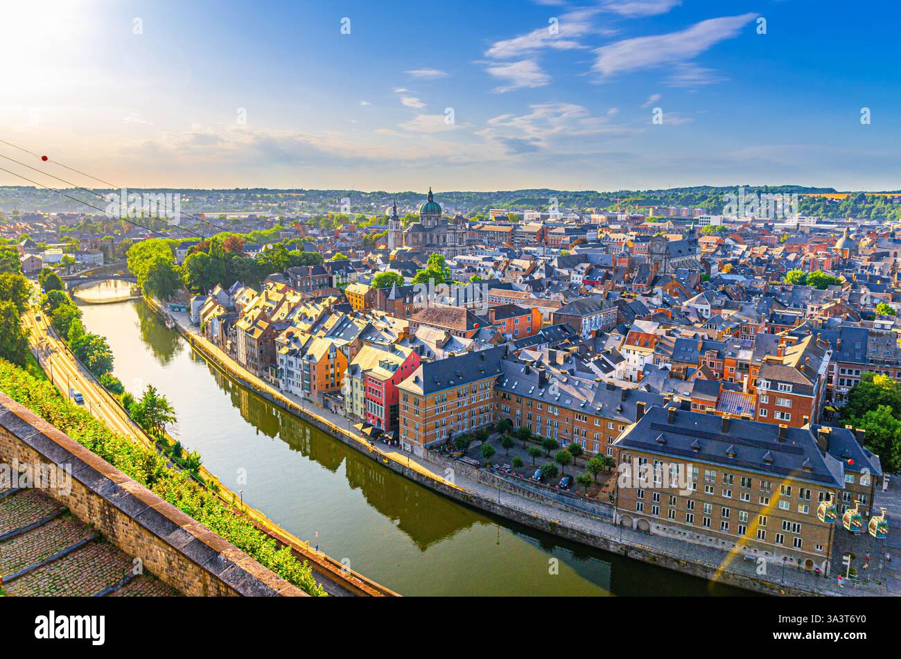 Namur cityscape, aerial panoramic view of Namur city historical center with Sambre river ...