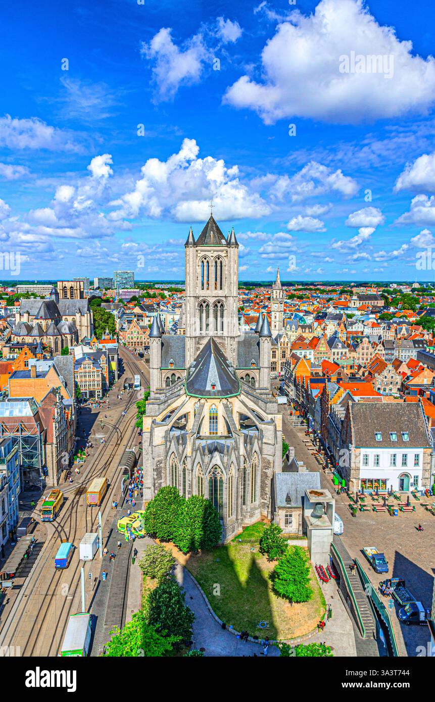 Top aerial view of Saint Nicholas Church Sint-Niklaaskerk Scheldt ...