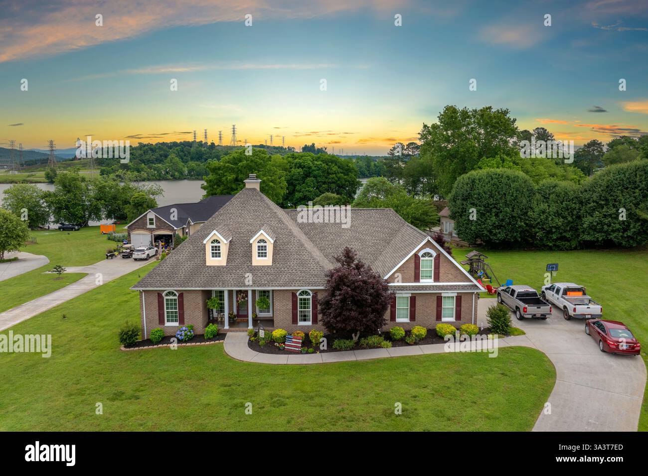 American community houses in US suburbs. View from above of large ...