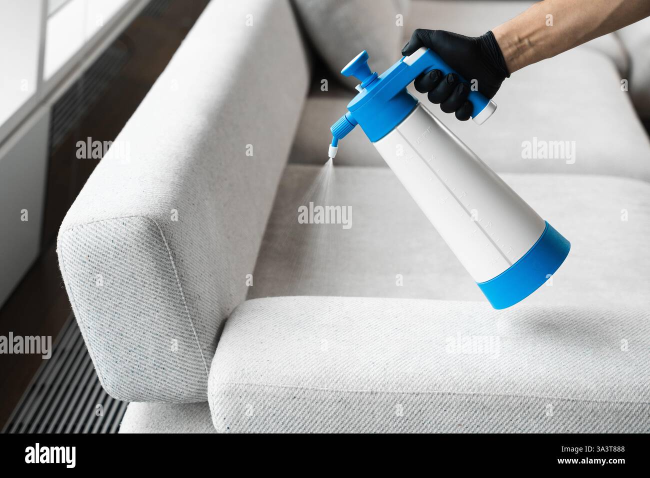 Cleaner is spraying detergent to remove stains from the sofa. Cleaning ...