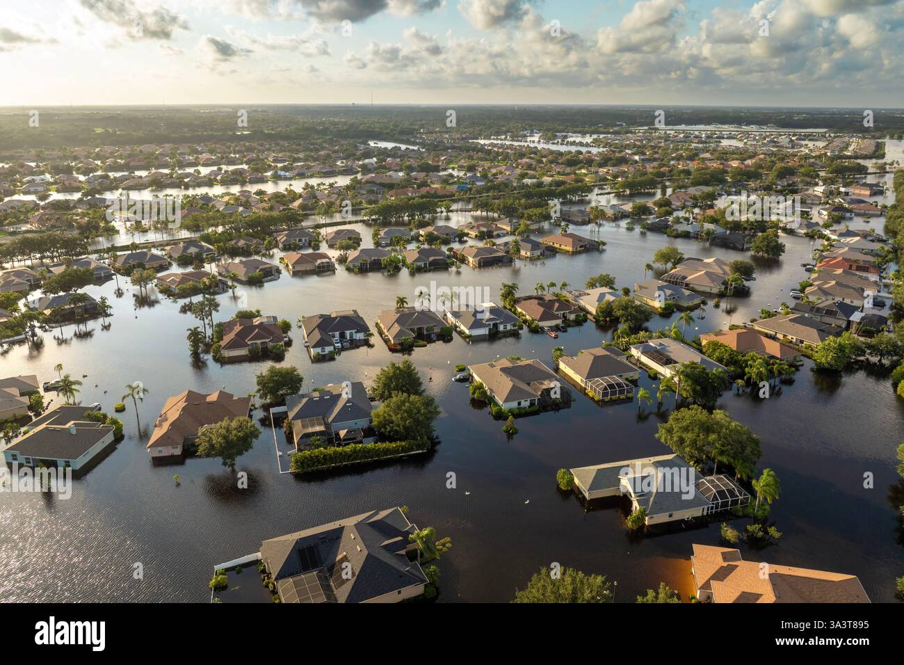 Flooded houses from hurricane rainfall water in Florida residential ...