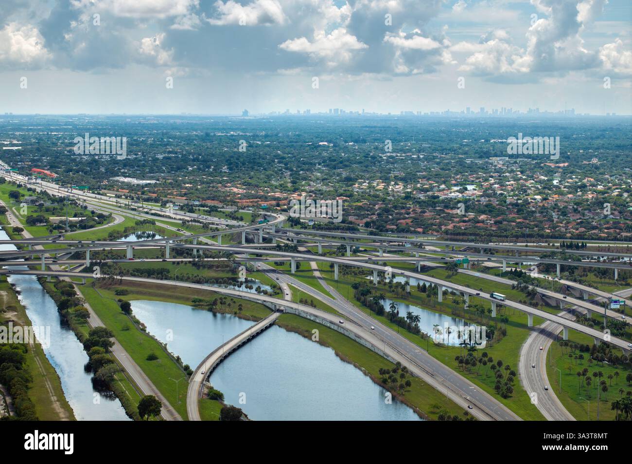 Miami freeway interchange with elevated road lanes for fast express ...