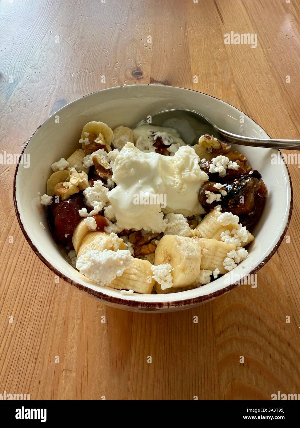 Turkish Cottage cheese bowl or curd cheese with banana, walnut and jam ...